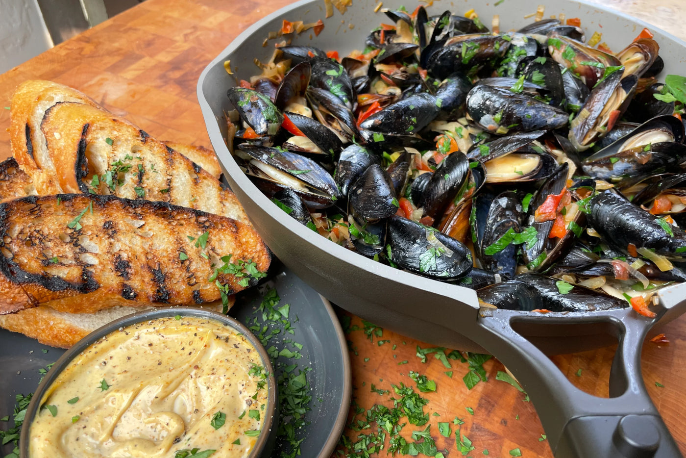Mussels with Tomato Stew & Grilled Bread Recipe | Our Place